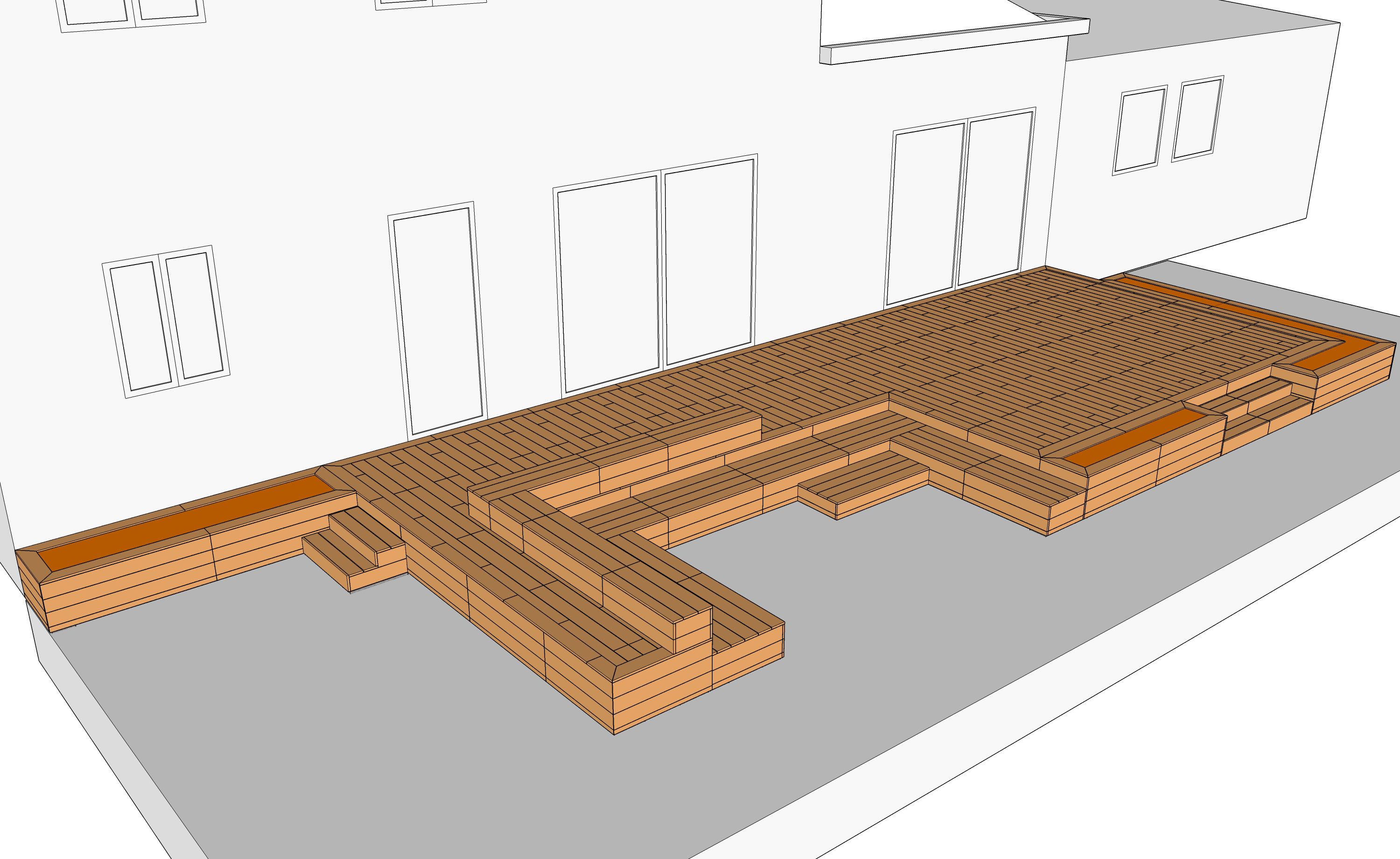 Terrasse en bois sur poutres porteuses avec des bancs et des ...