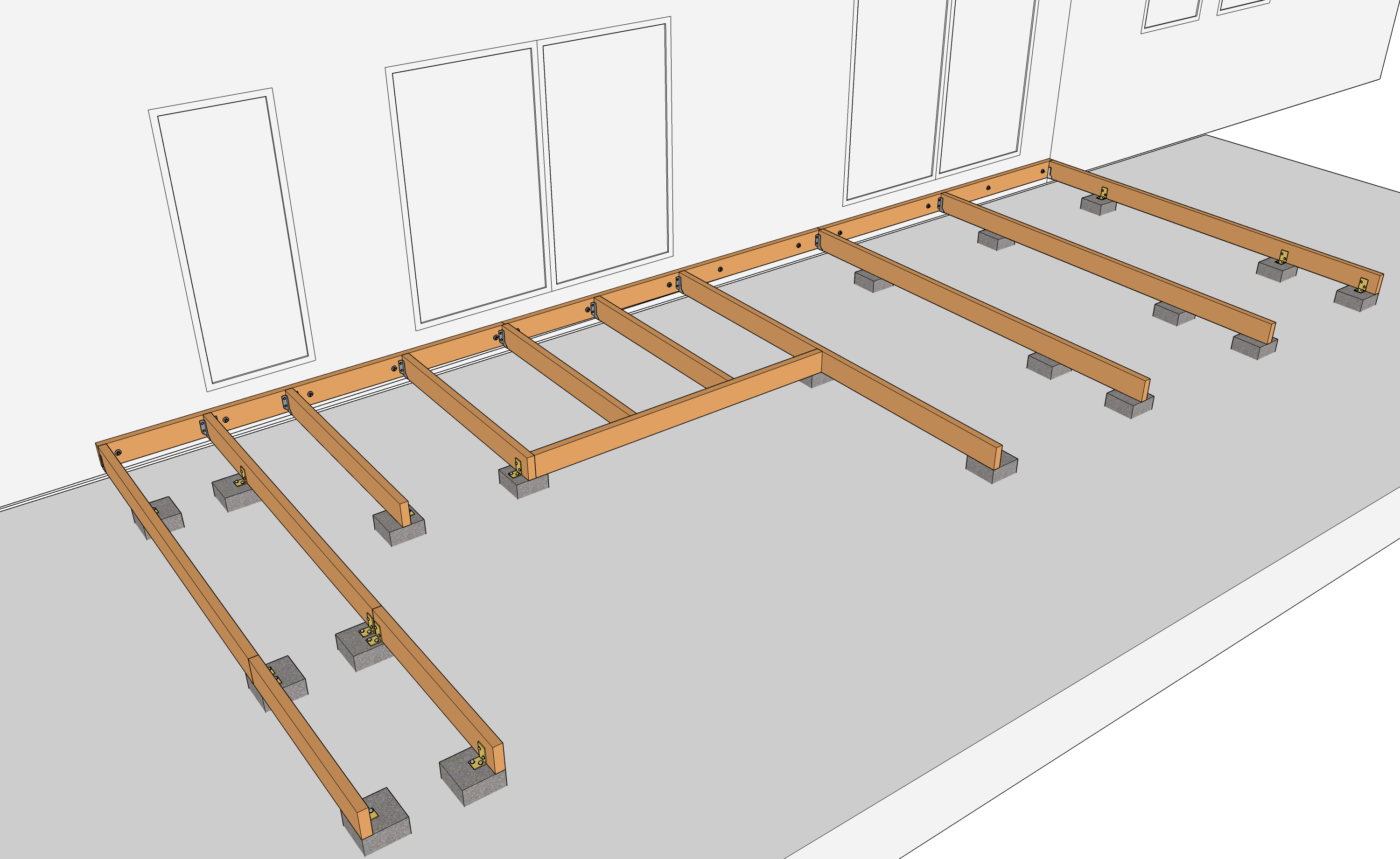 Terrasse en bois sur poutres porteuses avec des bancs et des ...