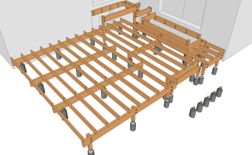 Terrasse en bois sur une structure mixte : poutres porteuses et pilotis ...