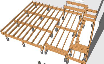 Terrasse en bois sur une structure mixte : poutres porteuses et pilotis ...