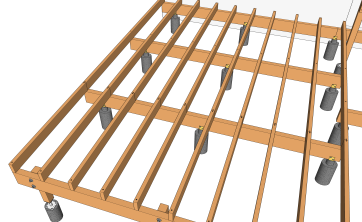 Terrasse en bois sur une structure mixte : poutres porteuses et pilotis ...