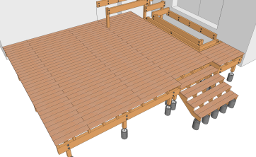 Terrasse en bois sur une structure mixte : poutres porteuses et pilotis ...