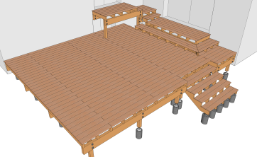 Terrasse en bois sur une structure mixte : poutres porteuses et pilotis ...