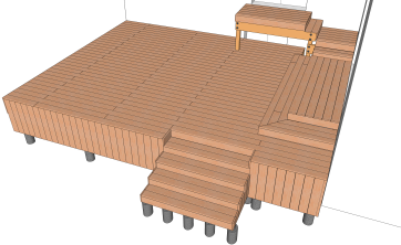 Terrasse en bois sur une structure mixte : poutres porteuses et pilotis ...