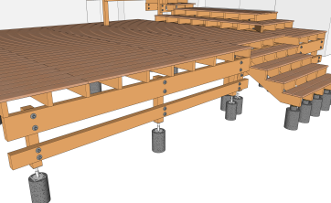 Terrasse en bois sur une structure mixte : poutres porteuses et pilotis ...