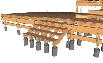 Terrasse en bois sur une structure mixte : poutres porteuses et pilotis ...