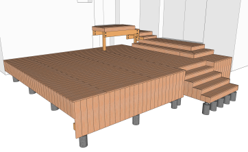 Terrasse en bois sur une structure mixte : poutres porteuses et pilotis ...