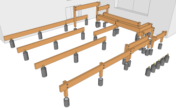 Terrasse en bois sur une structure mixte : poutres porteuses et pilotis ...